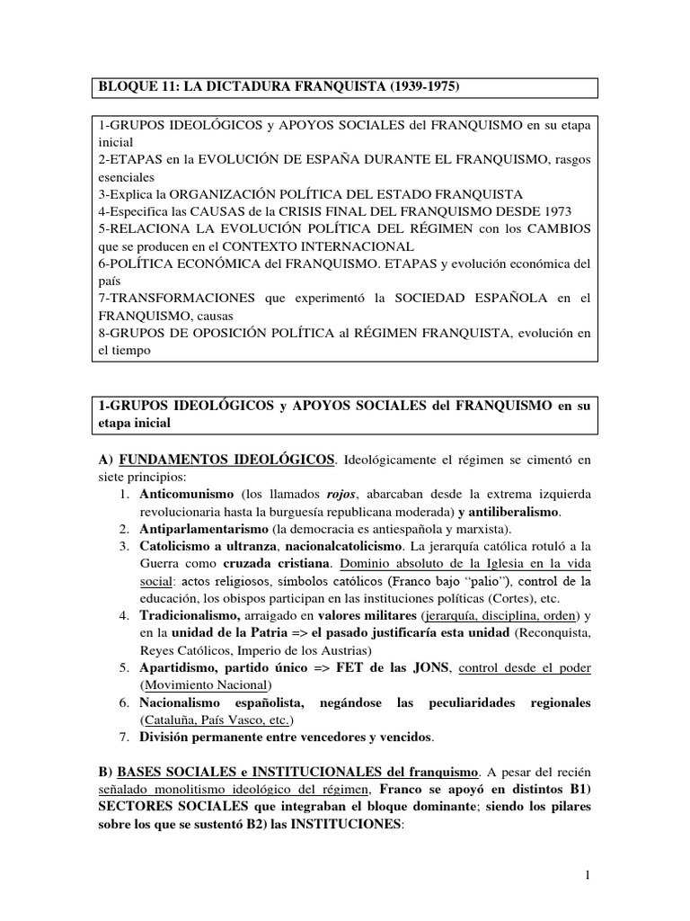 Bloque 11 HES | Descargar gratis PDF | España franquista | Francisco franco