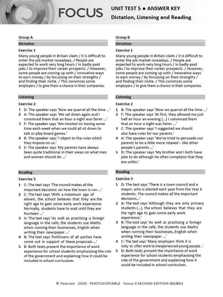 Focus4 2E Unit Test Dictation Listening Reading Unit5 GroupA B ANSWERS ...