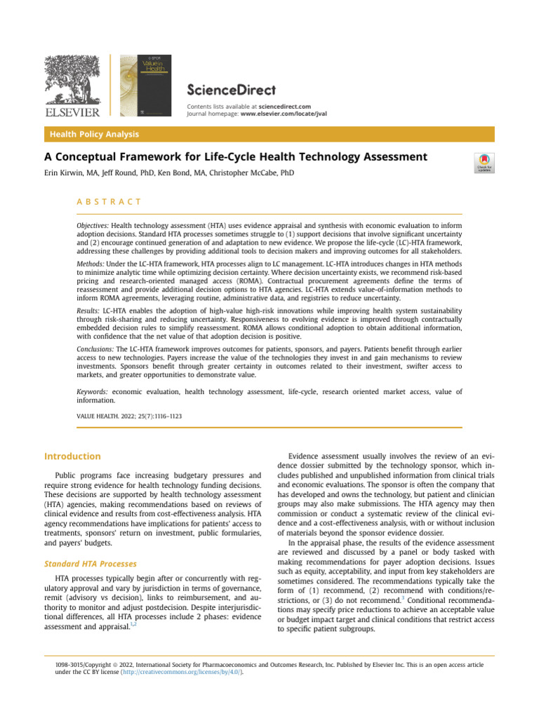 A Conceptual Framework For Life Cycle Health Technology As - 2022 ...