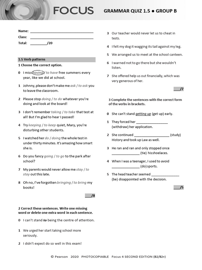 Focus 4 Grammar Quiz 1.5 | PDF | Linguistics | Grammar