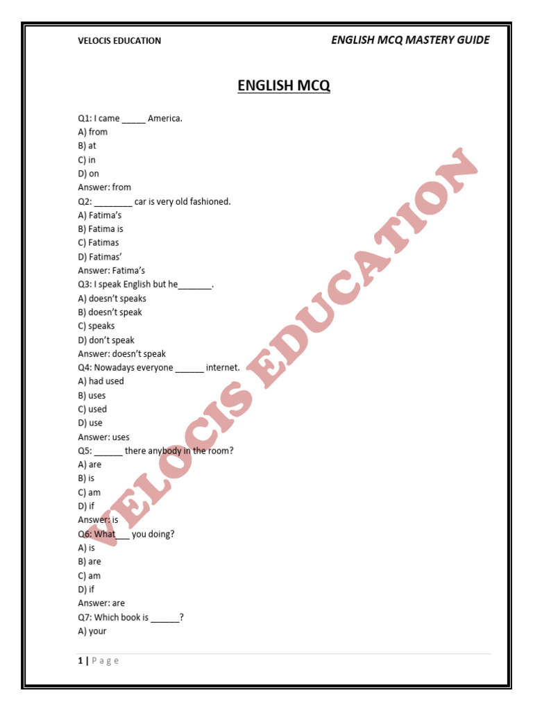 Eng MCQ Book | Download Free PDF | Grammatical Gender | Syntax
