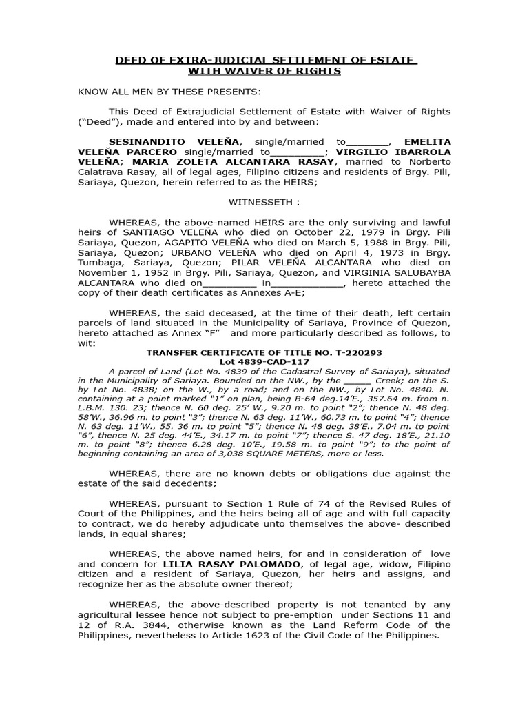 Lilia Rasay Deed of Extra-Judicial Settlement of Estate | PDF | Legal ...
