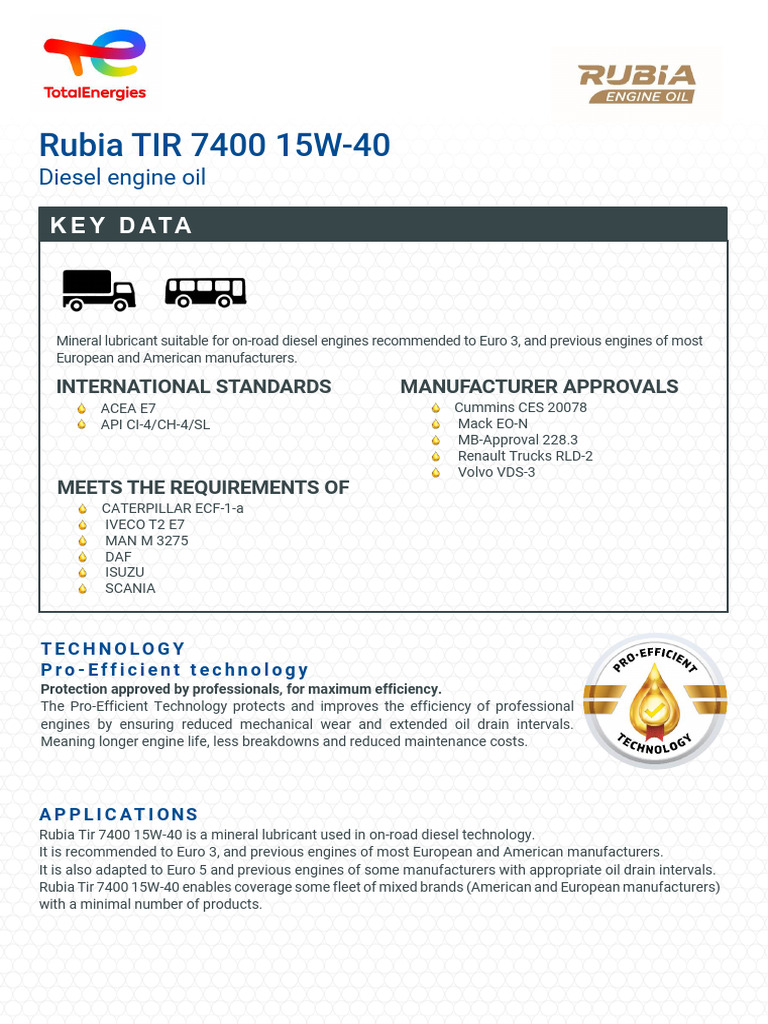 Rubia TIR 7400 15W-40 Diesel Oil Guide | PDF | Motor Oil | Engineering