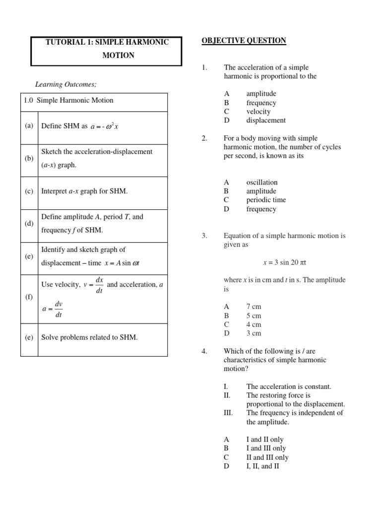 Tutorial Chapter 1 DP024 SHM - 21 - 22 | Download Free PDF | Oscillation | Acceleration