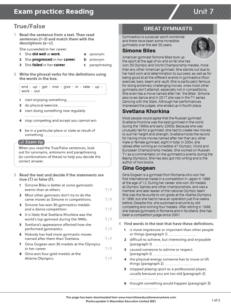 B1PLUS U7 Exam Practice Reading | PDF | Simone Biles | Gymnastics