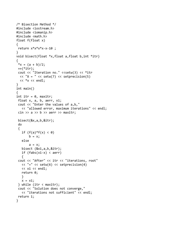 BS Bisection Method On Mathematical Coding On The Turbo C++ | PDF