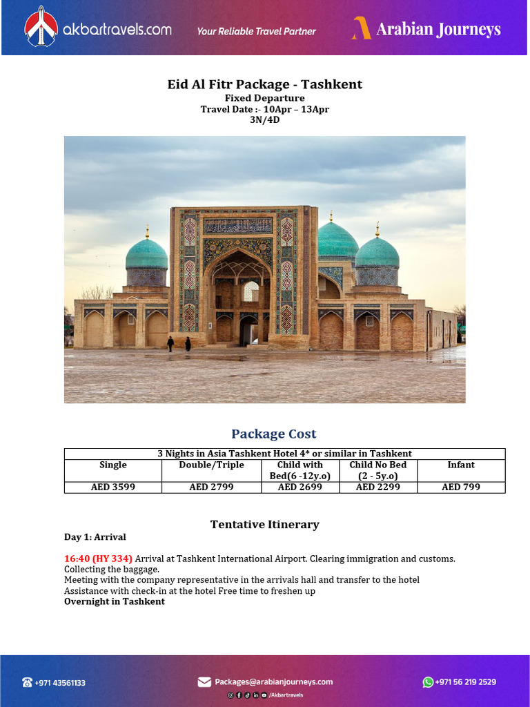 B2B - Eid Al Fitr Package To Tashkent 3N4D - Fixed Departure - 10th Apr ...