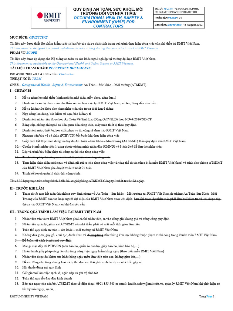 QUY ĐỊNH AN TOÀN - RMIT - draft | PDF