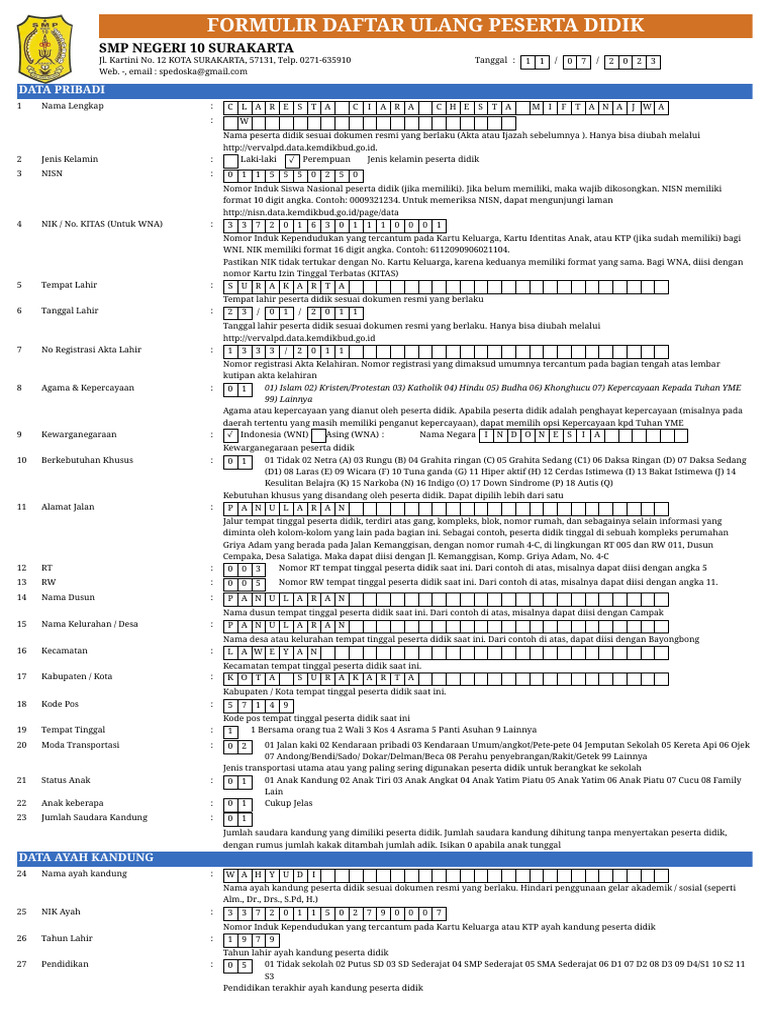 PPDB - Formulir Daftar Ulang 3372016301110001 | PDF