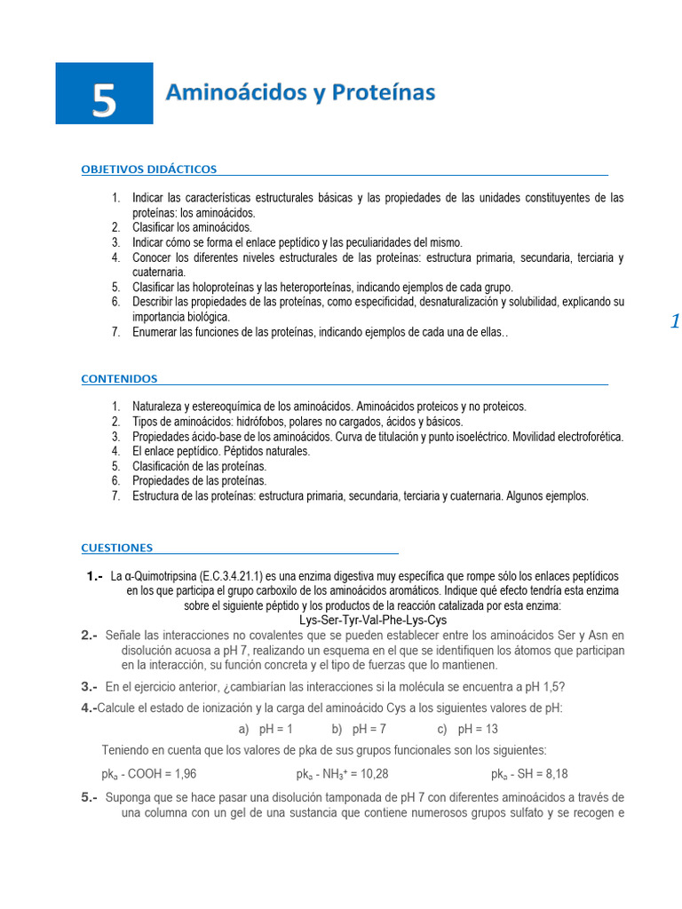 Tema 5 AA y Prot | PDF | Aminoácidos | Estructura proteica