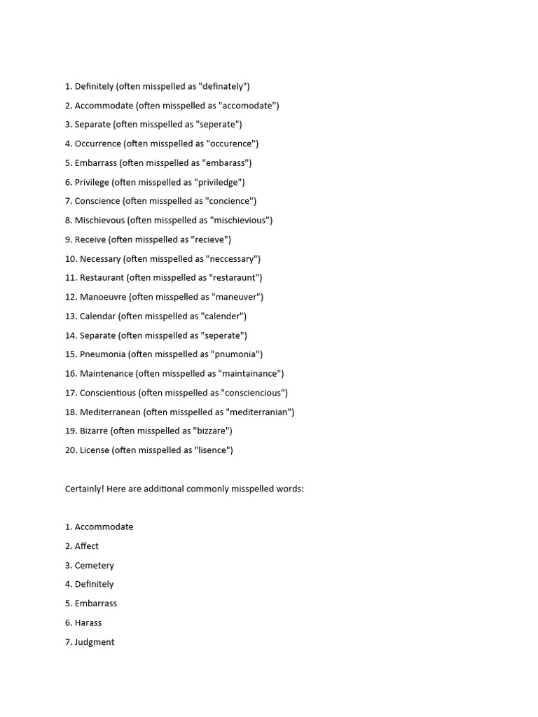 Chat GPT Commonly Mispelled Words | PDF