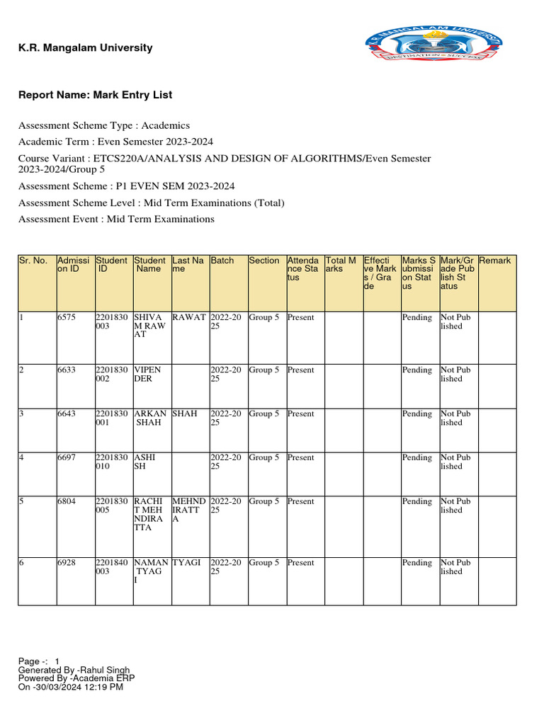 Mark Entry List | PDF