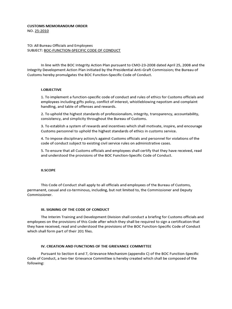 BOC Code of Conduct CMO No 25 2010 | PDF | Customs | Audit