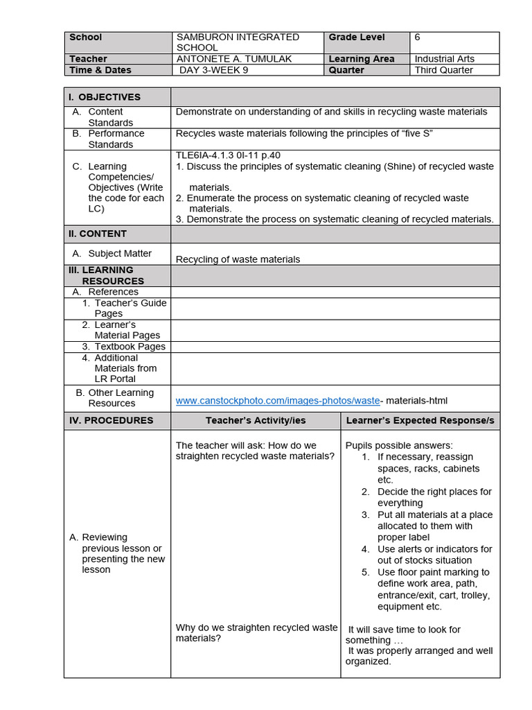 3.DLP - Tle 6-Ia 3RD - Day 3-Week 9 | PDF | Learning | Teachers
