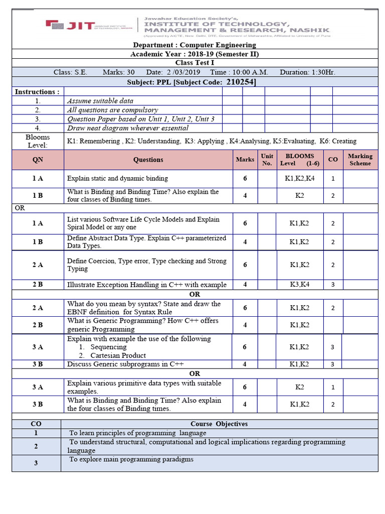 PPL Question-Paper Iqac | PDF | C++ | Computer Programming