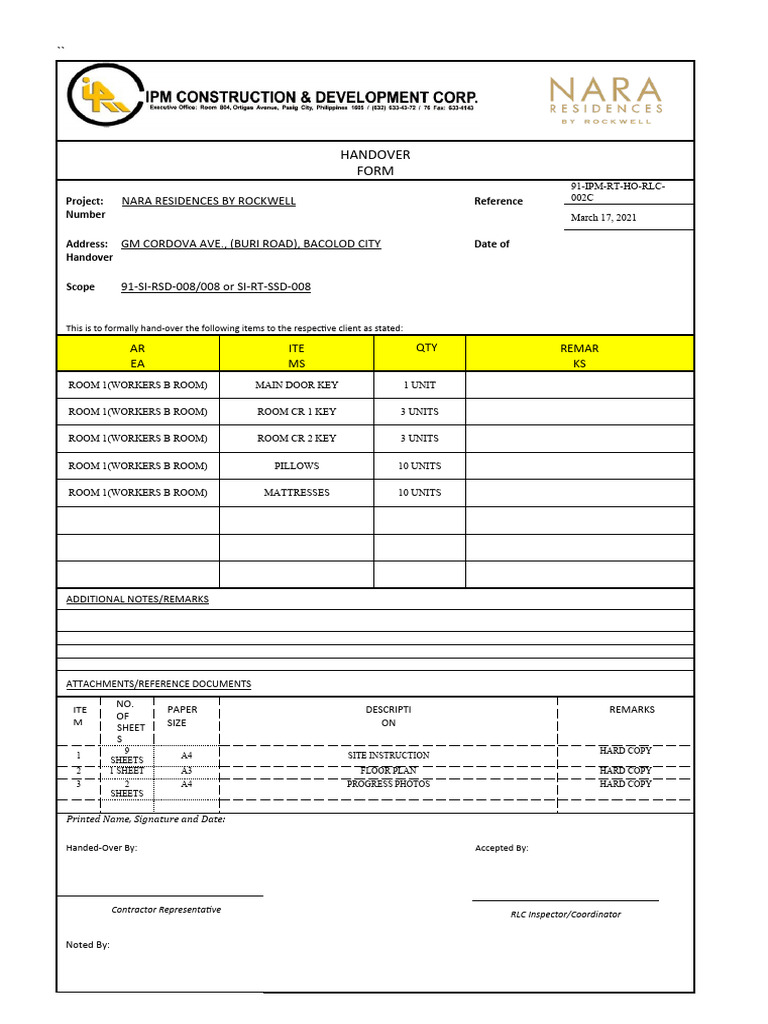 Nara Handover Form 1 | PDF