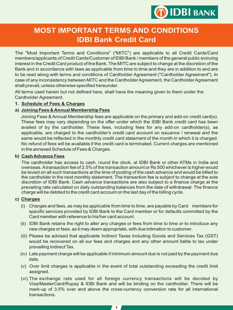 IDBI Bank MITC Conditions | PDF | Credit Card | Debits And Credits