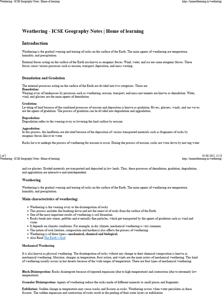 Weathering - ICSE Geography Notes Home of Learning | PDF | Weathering ...