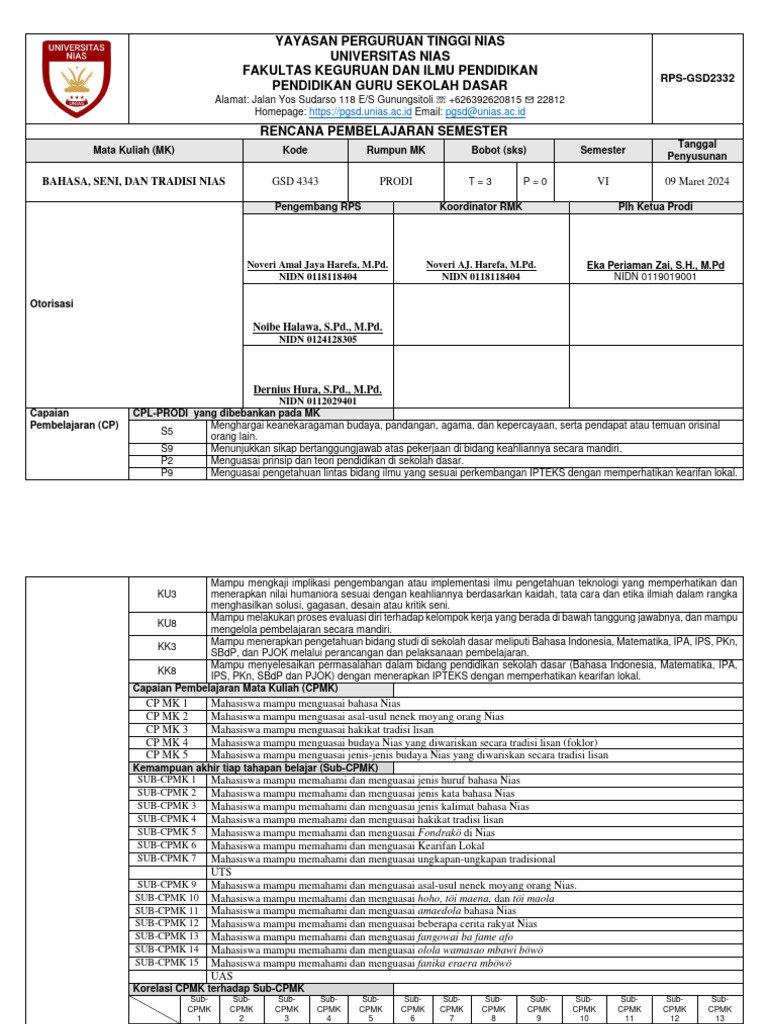 RPS MK Bahasa, Seni, Dan Tradisi Nias PGSD | PDF