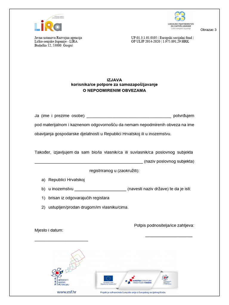 Izjava o Nepodmirenim Obvezama | PDF