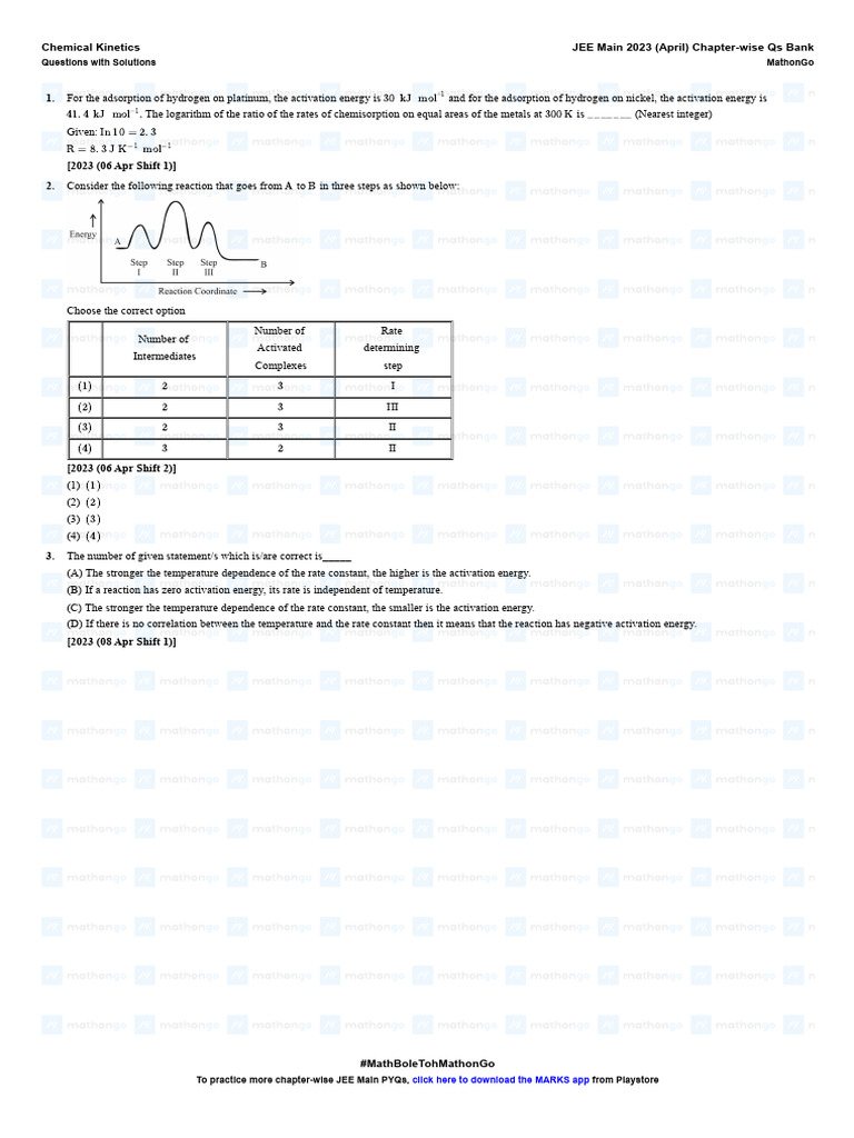 Chemical Kinetics - JEE Main 2023 April Chapterwise PYQ - MathonGo ...