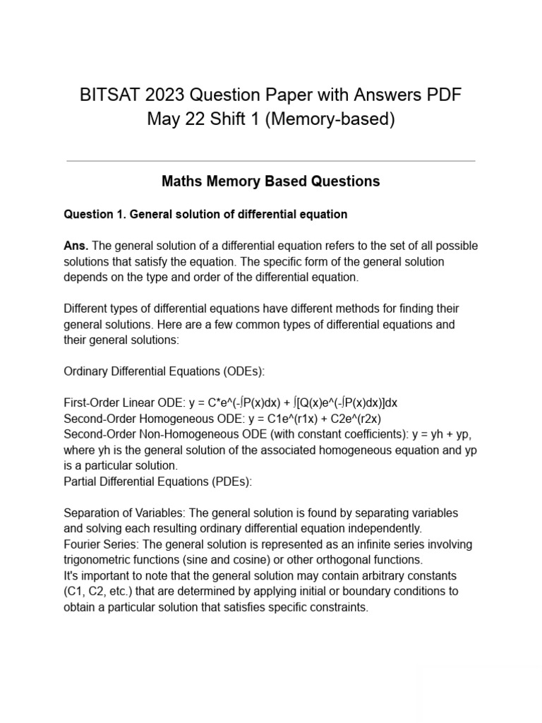 BITSAT-2023-Paper-Memory-Based | PDF | Ordinary Differential Equation ... BITSAT-2023-Paper-Memory-Based | PDF | Ordinary Differential Equation ...