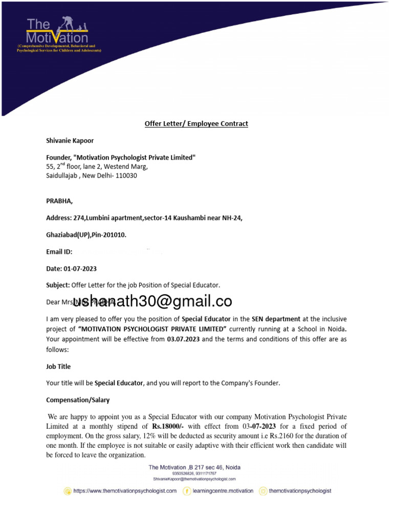 Prabha Gautam Dev Offer Letter - Edited | PDF | Employment | Salary