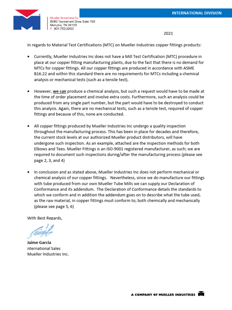 Mueller Copper Fittings Certification Overview | PDF | Pipe (Fluid ...