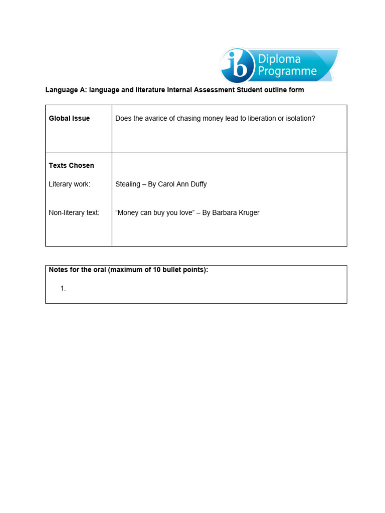 Language A: Language and Literature Internal Assessment Student Outline ...