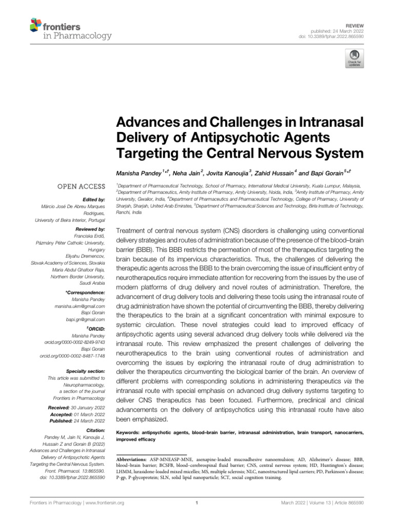 Intranasal Antipsychotic Delivery Advances | PDF | Epithelium | Psychosis