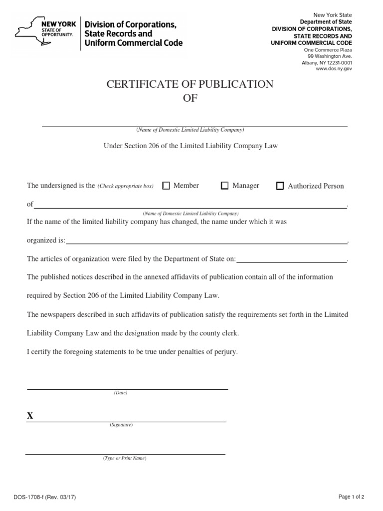 Certificate of Publication OF: (Name of Domestic Limited Liability ...