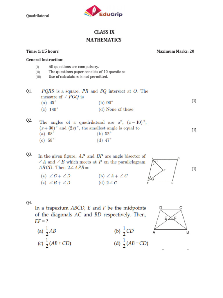 Quadrilateral Test Class 9th | PDF