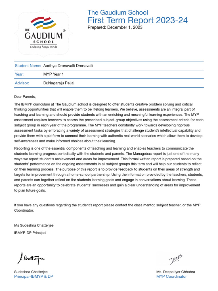 MYP 1 Term 1 Report Card | PDF | Educational Assessment | Cognitive Science