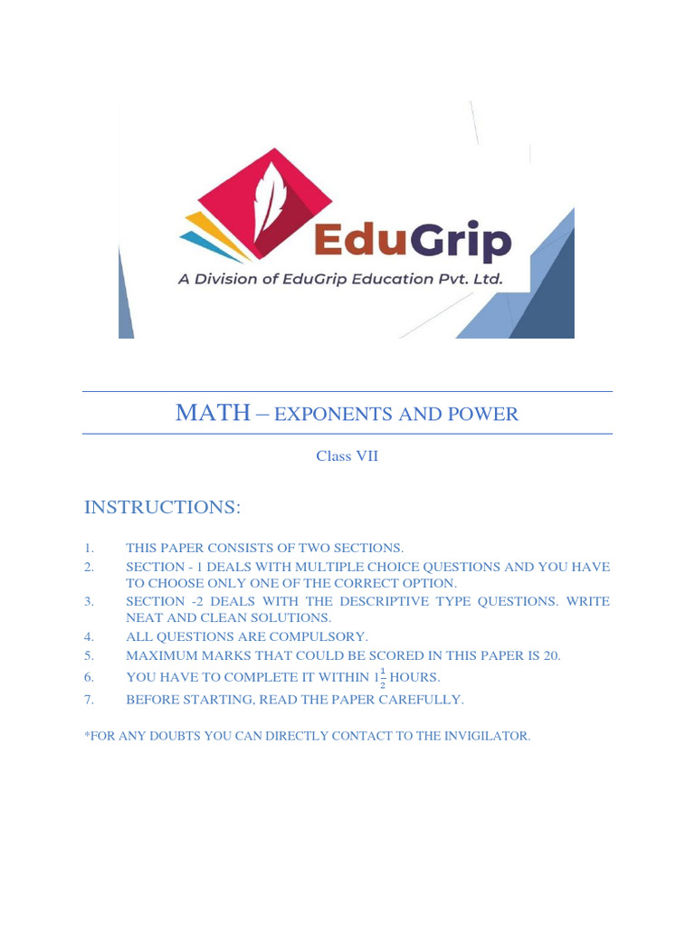 Class 7 Exponents and Powers Worksheet | PDF