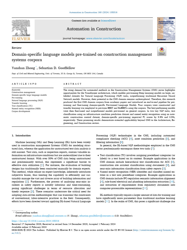 Domain Specific Language Models Pre Trained On Constru - 2024 - Automation in Co | Download Free ...