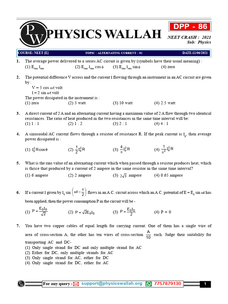 Alternating Current DPP 02 Manish Raj Sir Neet Crash Course Relaunch | PDF | Electrical ...