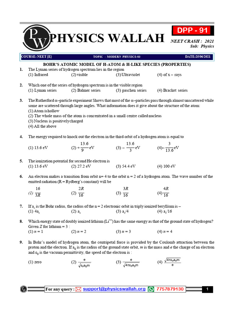 Modern Physics DPP 03 Manish Raj Sir Neet Crash Course Relaunch | Download Free PDF ...