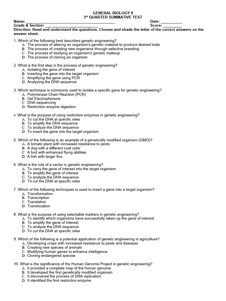 GENERAL BIOLOGY II 3rd Quarter Exam | PDF | Genetic Engineering | Genetically Modified Organism