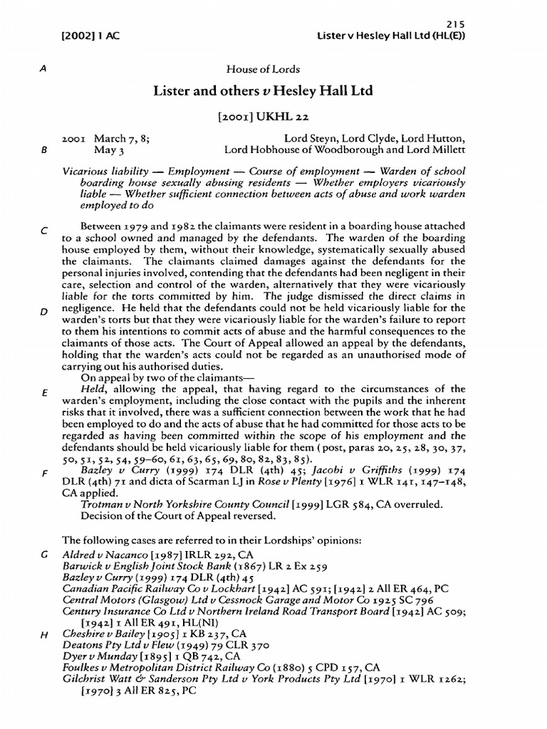 Lister V Hesley Hall LTD (2002) 1 AC 215 | PDF | Legal Liability ...