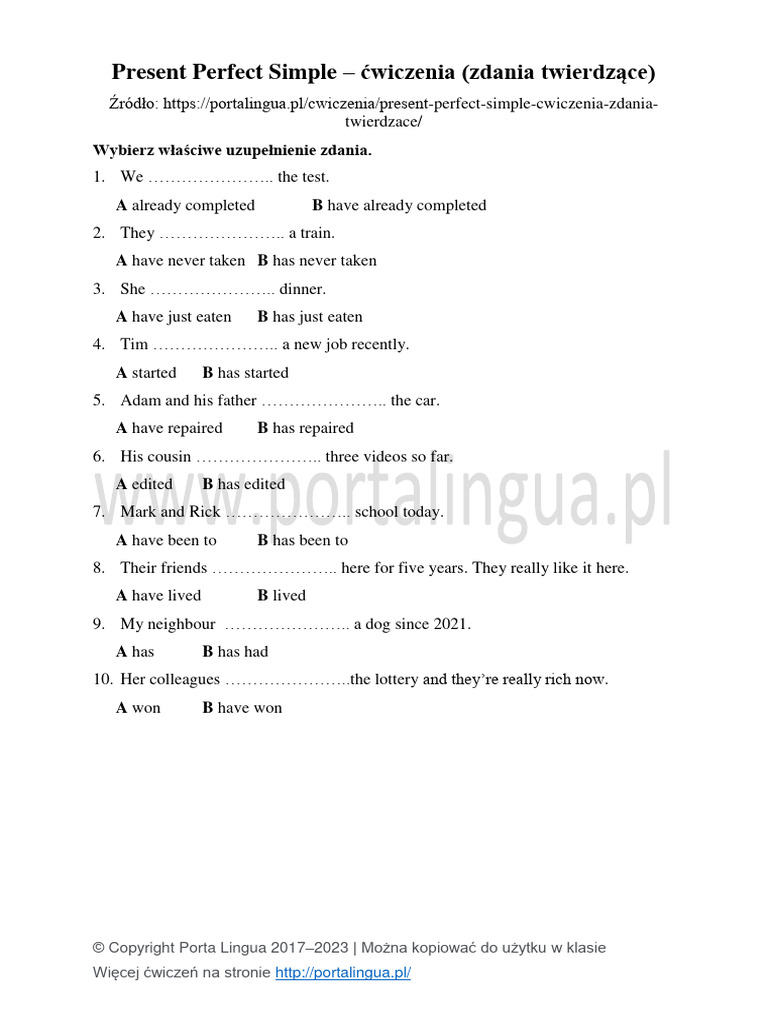 Present Perfect Cwiczenia Zdania Twierdzace | PDF