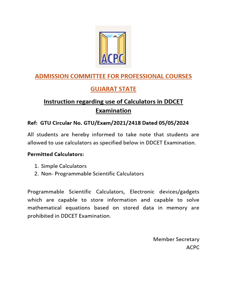 Instructions For Use of Calculator in Ddcet | PDF