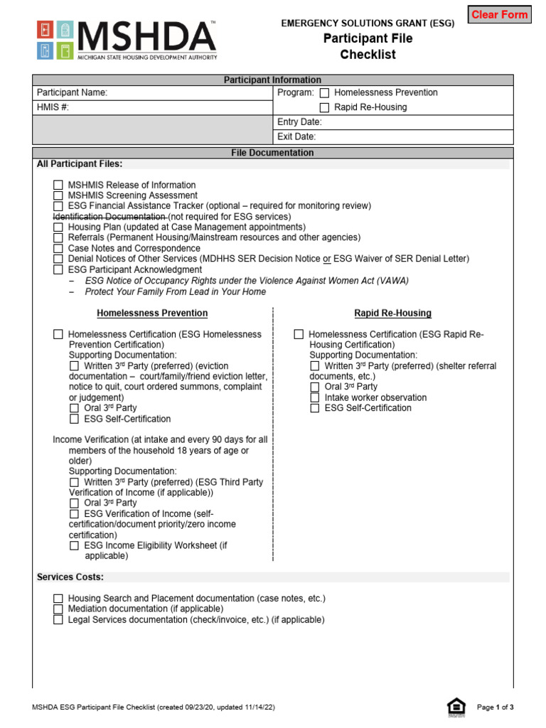 ESG Participant File Checklist Guide | PDF | Renting | Lease