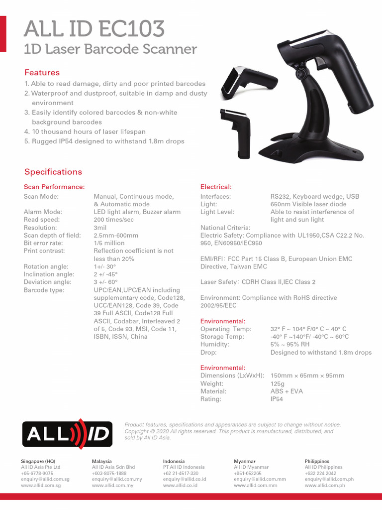 Brochure AllID EC103 1DBarcodeScanner 2020 | PDF | Barcode | Computing