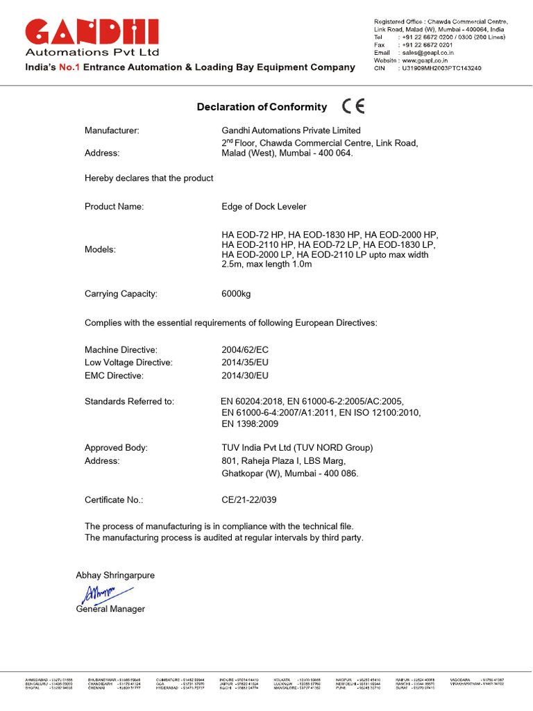 Hydraulic Edge-of-Dock Leveler CE Declaration | PDF