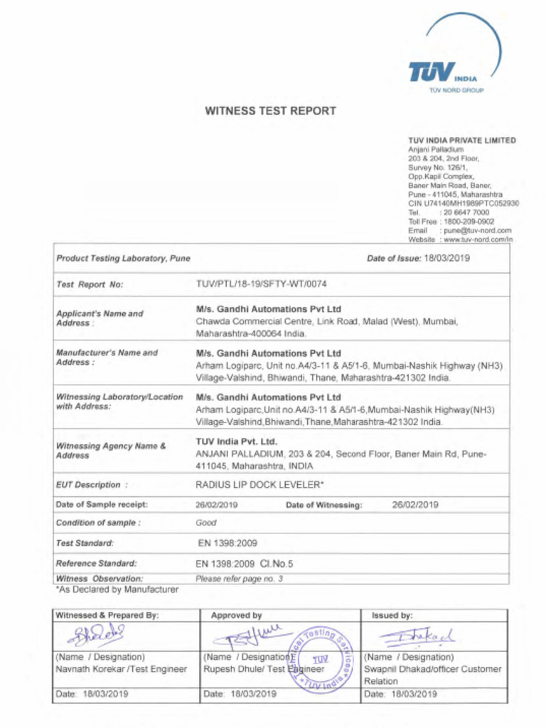GAPL Dock Leveler Load Test certificate | PDF