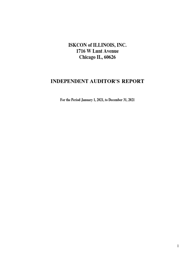 ISKCON OF Illinois Audit Report 2021 | PDF | Financial Audit | Audit