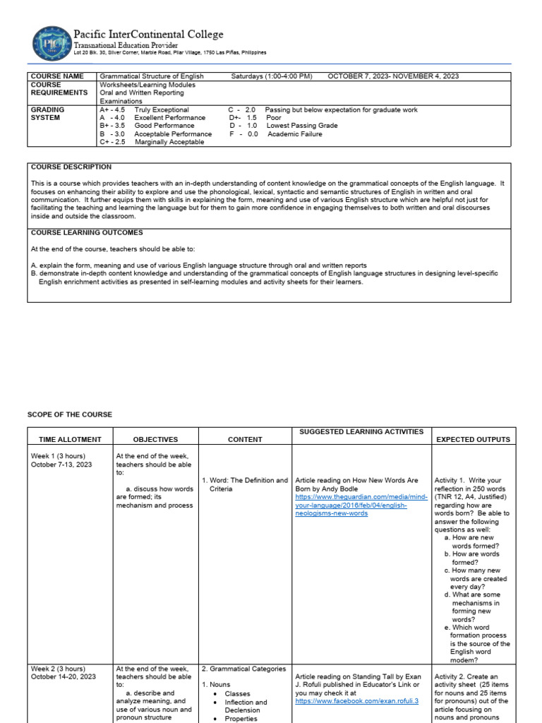 Syllabus On Grammatical Structure of English | PDF
