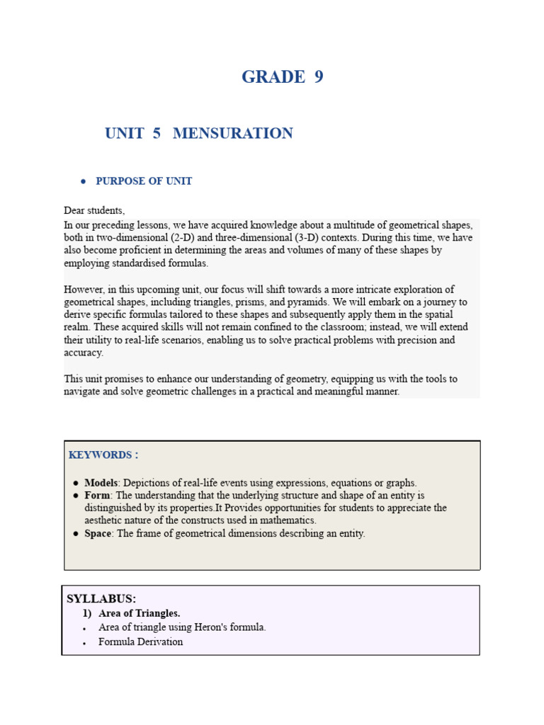 SC Grade 9 Unit 5 - Mensuration | PDF | Area | Geometry