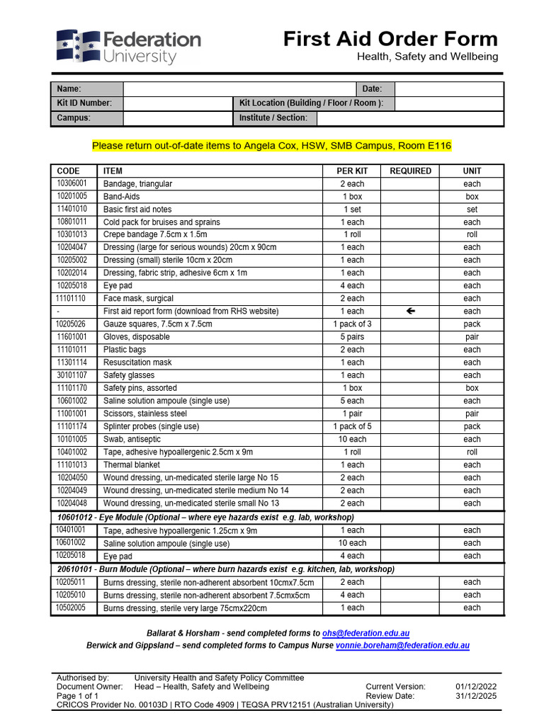 First Aid Order Form | PDF | Wound | First Aid