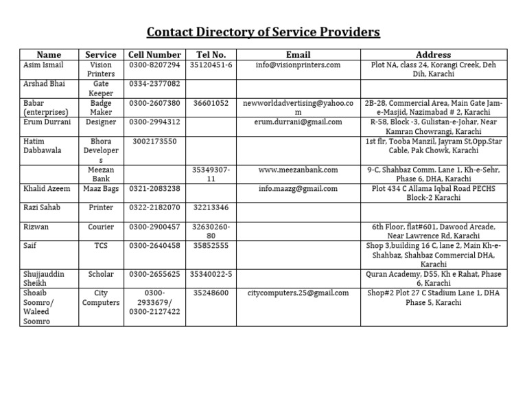 Contact Directory of Service Providers - Printable | PDF